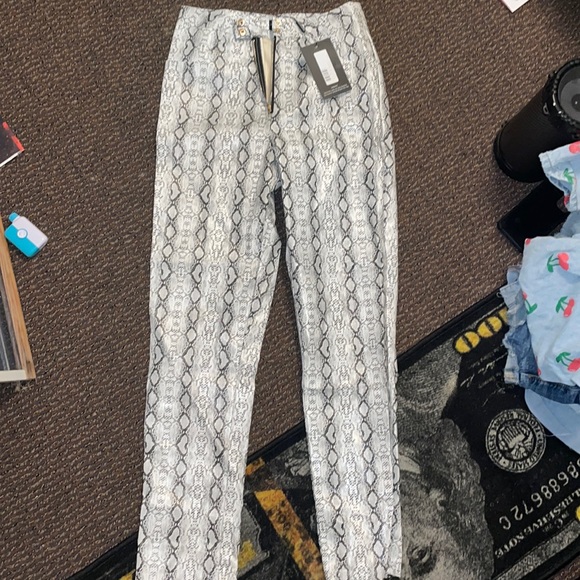 PrettyLittleThing | Jeans | Black And White Snake Print Leather Pants ...